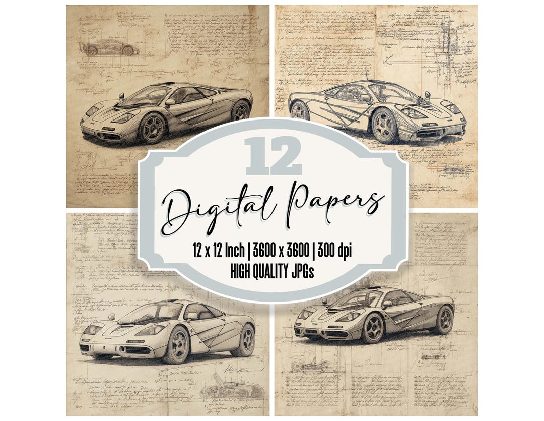 12 Speed Car Digital Paper Vintage Junk Journal Paper Racing ...