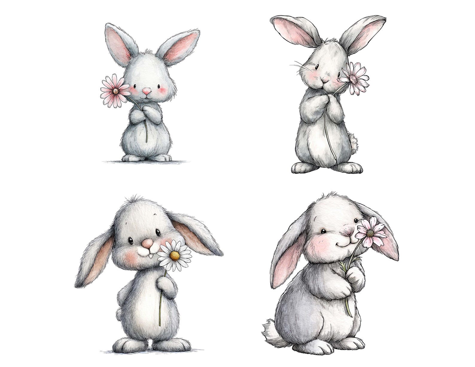 Rabbit PNG Clipart, 12 Daisy Bunny Clip Art Set, Printable Watercolor ...