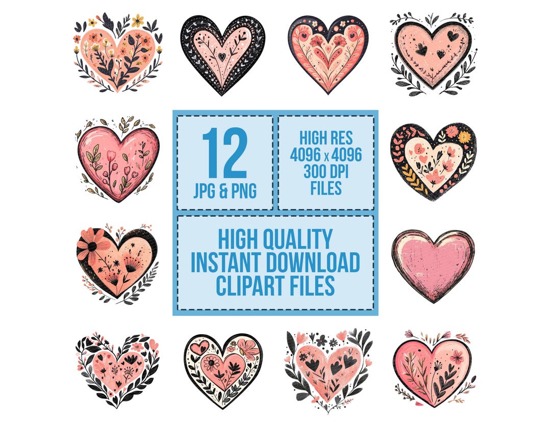Valentine's Day Heart PNG Clipart,12x Floral Hearts Clip Art Set ...