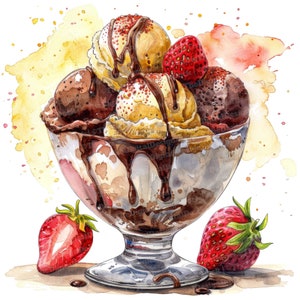 12 Banana Split Ice Cream Clipart, Watercolor Sundae Dessert Clipart ...