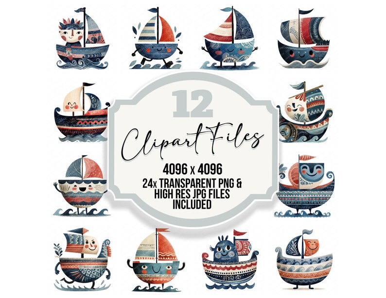 12 Boat Character PNG Clipart, Folk Art Sailboat Art Set, Printable ...