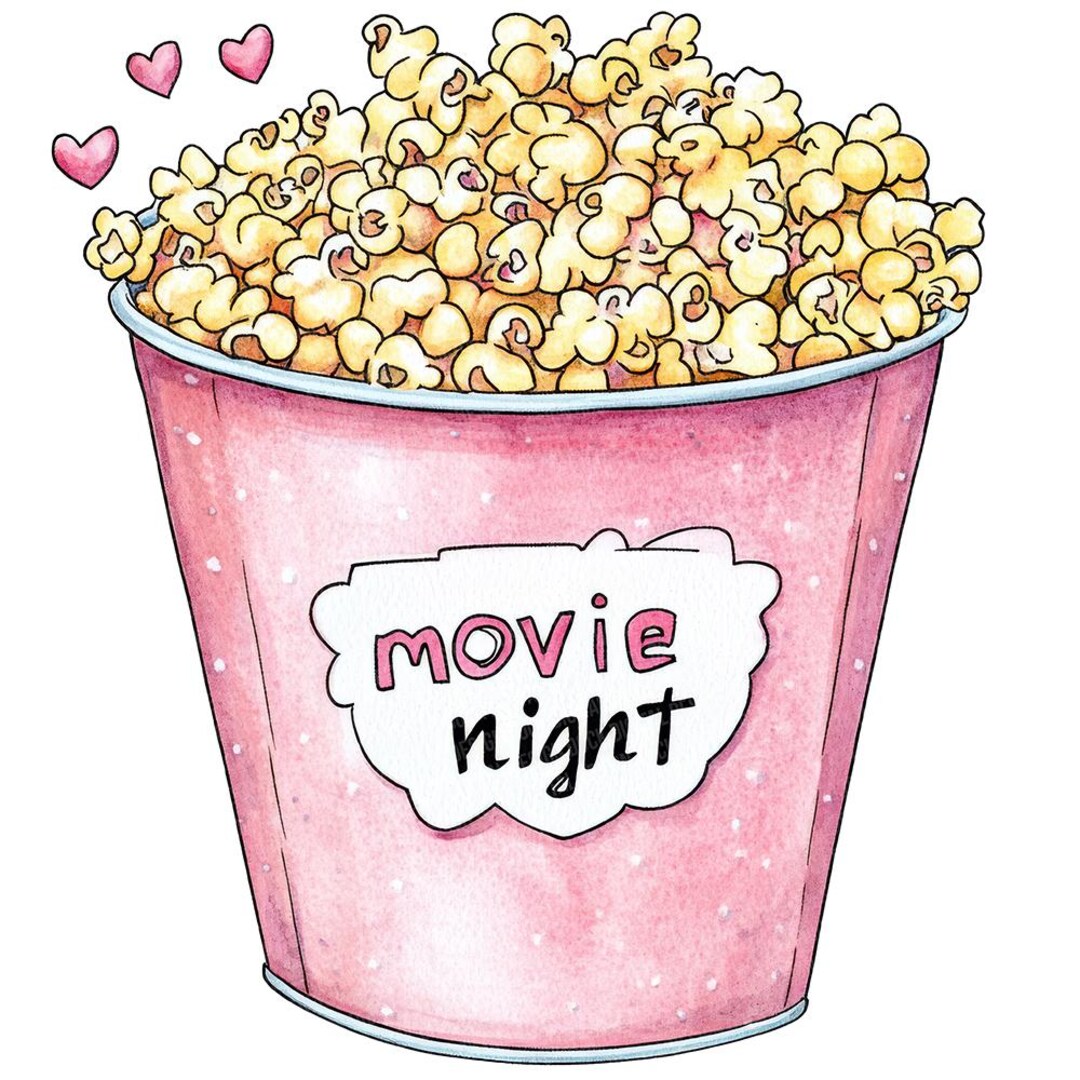 Popcorn PNG Clipart, 12x Watercolor Movie Night Clip Art Set, Printable ...