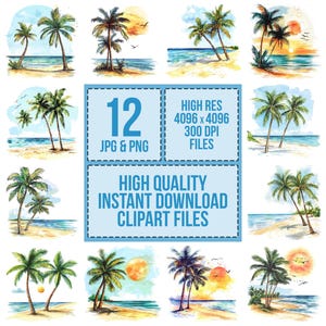 12x Palm Tree Beach PNG Clipart, Watercolor Ocean Clip Art Set ...