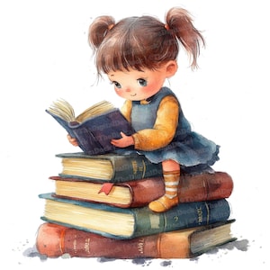 12x Child Reading Clipart, Watercolor Vintage School Reading Boy Girl ...