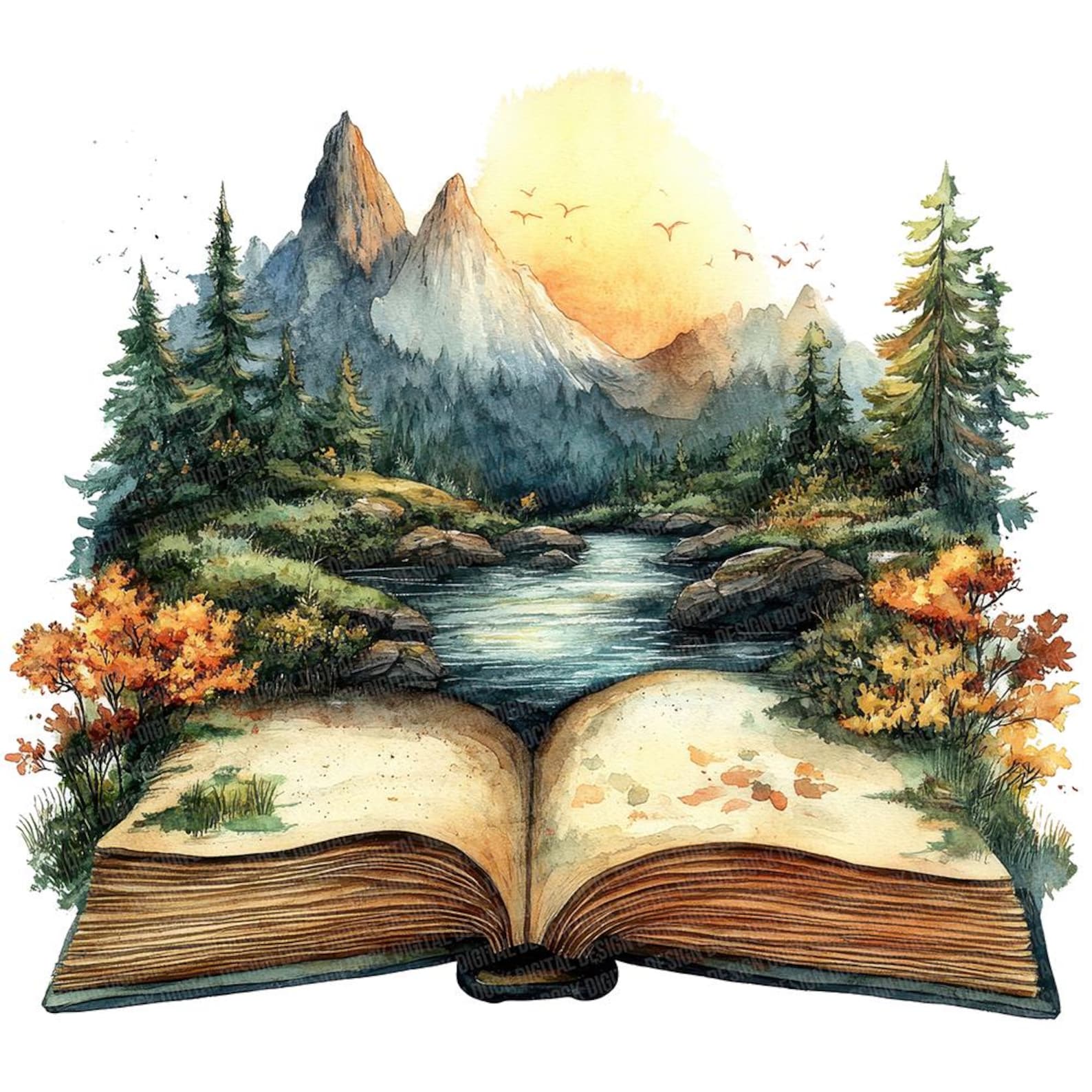 Enchanted Storybook PNG Clipart, 12x Watercolor Open Book Landscape ...