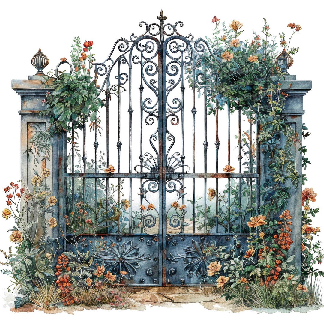 Ornate Gate Clipart, 12 Jpgs, Floral Wrought Iron Gate, Printable ...