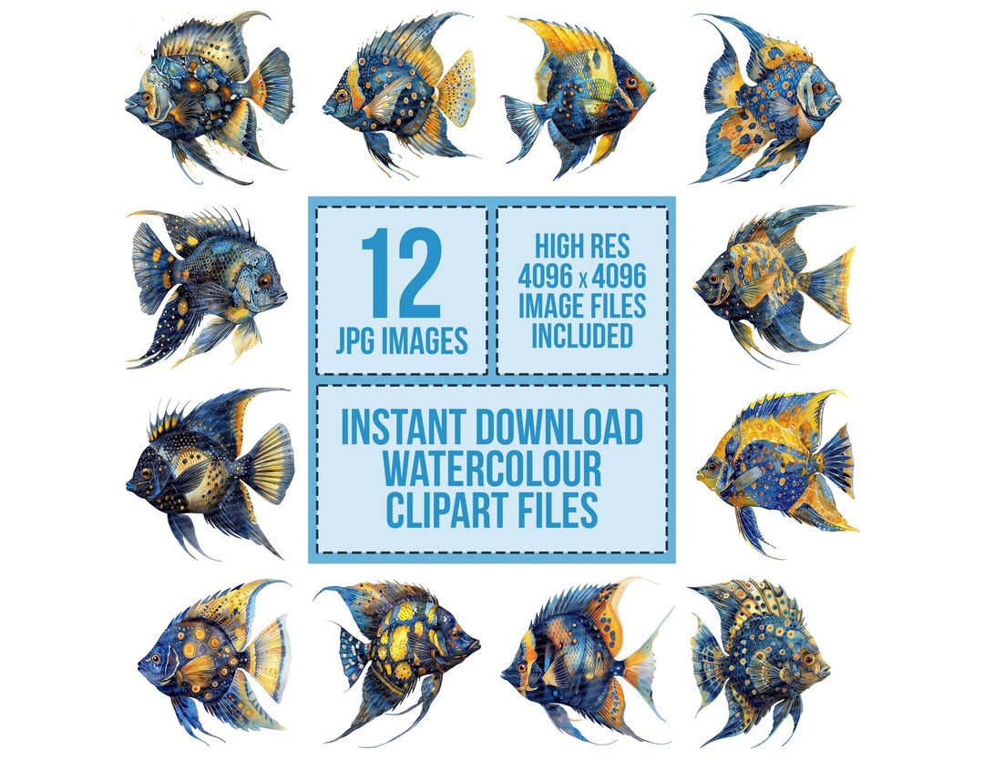12 Angelfish Clipart, Watercolor Tropical Fish Clipart, Printable ...