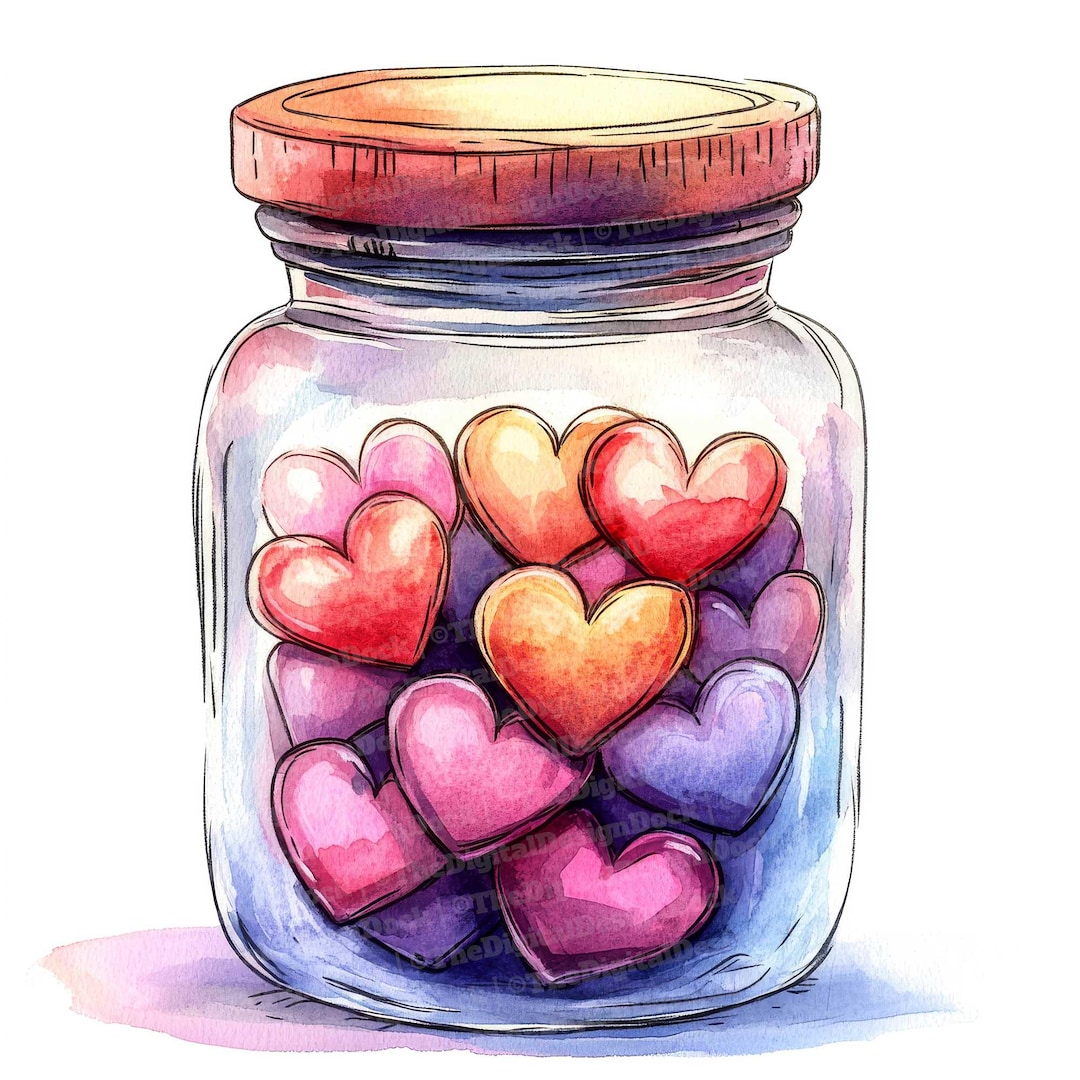 12x Jar of Heart Clipart, Watercolor Hearts in a Jar, Love Clipart ...