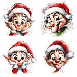 Cheeky Christmas Elf Clip Art, 12x Santa Hat Elf PNG Set, Watercolor ...