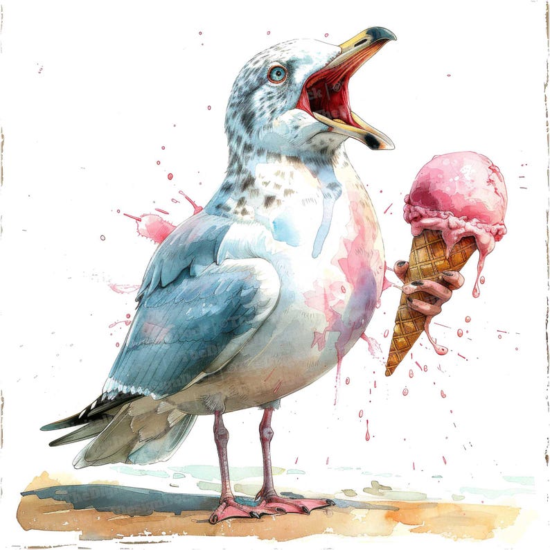 12 Funny Seagull Clipart, Seagull Eating Ice Cream Clipart, Printable ...