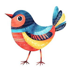 Folk Art Bird Clip Art, 12x Decorative Bird Clipart Set, Watercolor ...