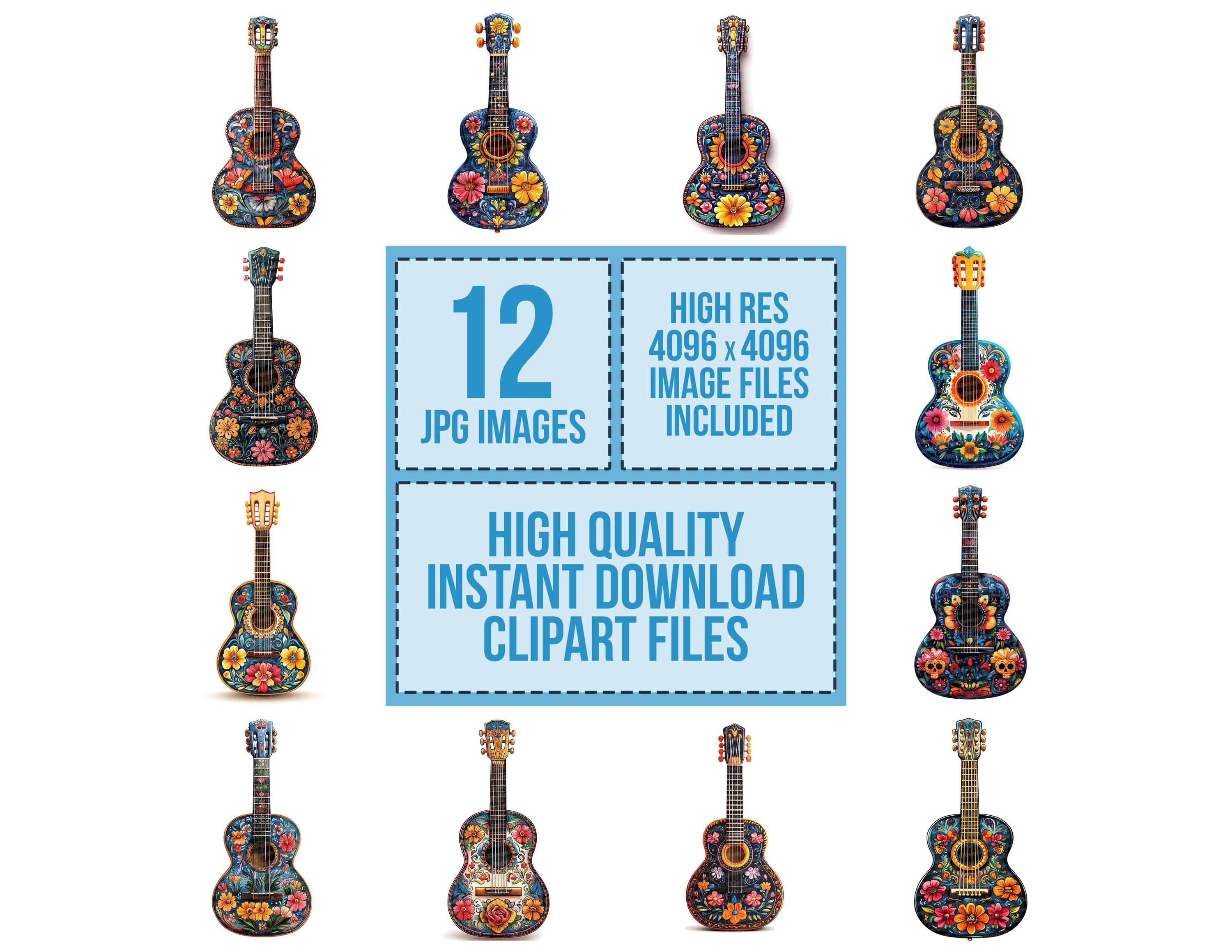 12 Floral Guitar Clipart, Mexican Folk Art Design, Printable Watercolor ...