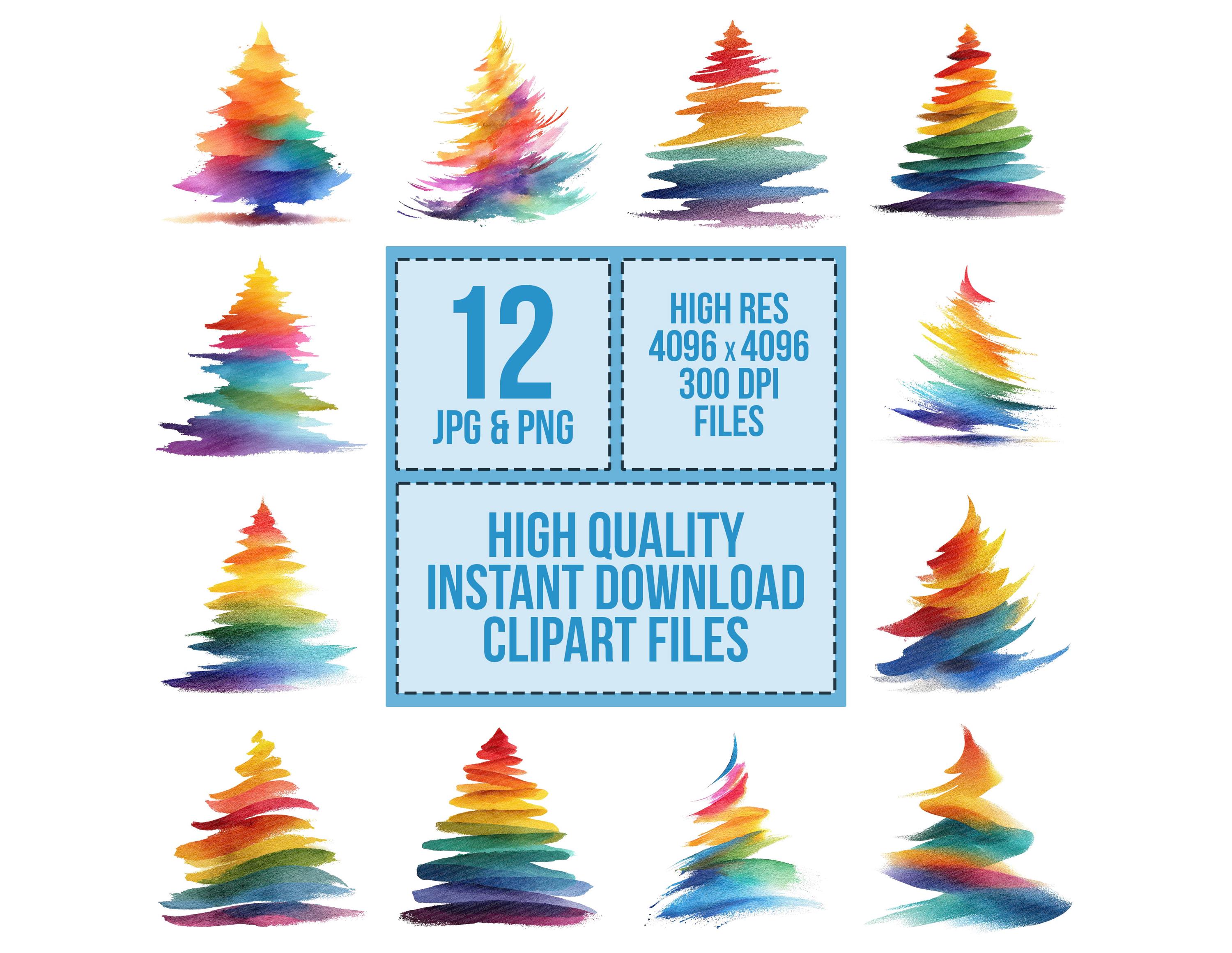 Abstract Rainbow Christmas Tree PNG Clipart, 12x Watercolor Holiday Art ...