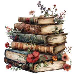 12 Vintage Pile of Books and Flowers Clipart, Watercolor Book Clipart ...