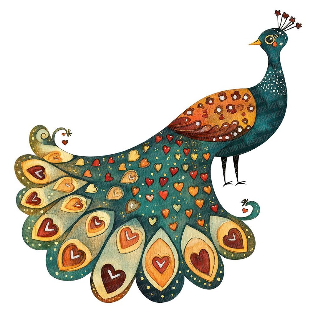 Peacock PNG Clip Art, 12x Folk Art Peacock Trail Clipart Set, Printable ...