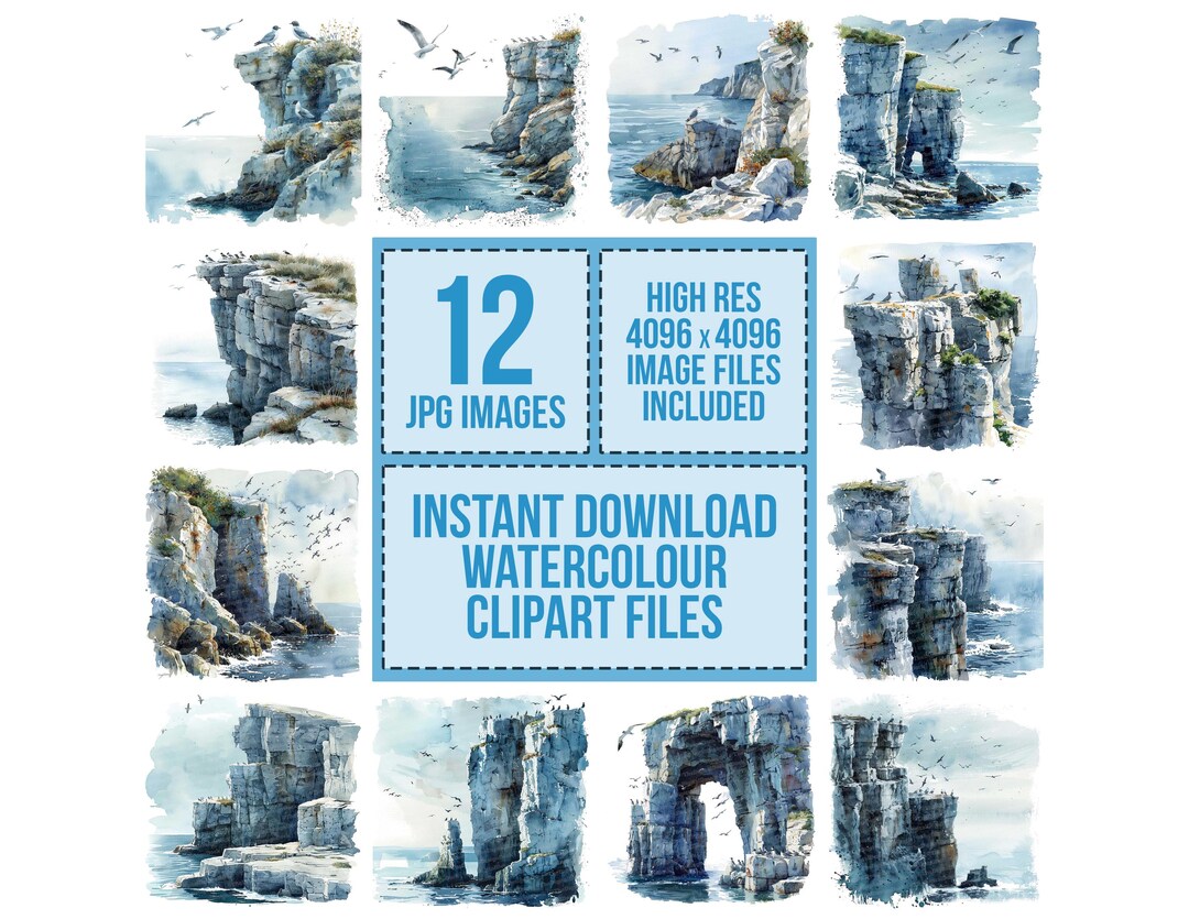 12 Coastal Cliffs Clipart, Watercolor Seaside Scene Clipart, Printable ...