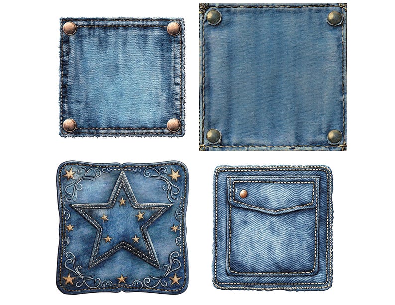 Denim Tag PNG Clipart, 12x Vintage Jean Patch Clip Art Set, Printable ...