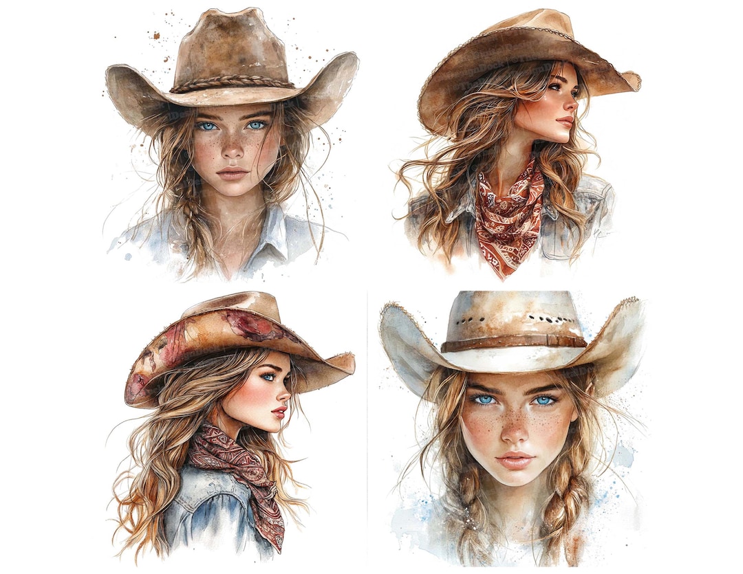 Cowgirl Clip Art, 12x Western Woman Clipart Set, Watercolor Cowgirl ...
