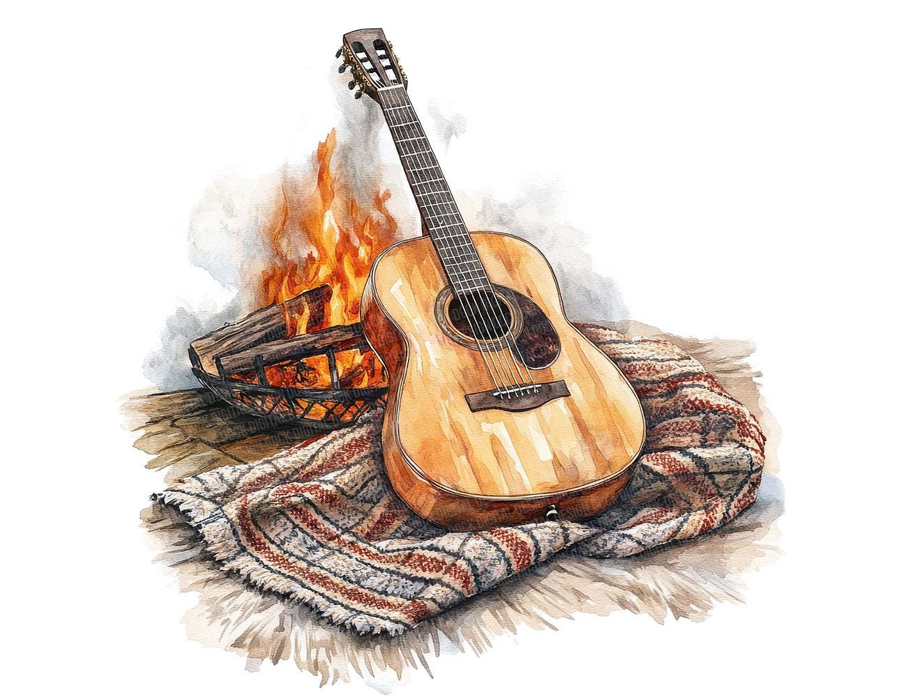 12x Guitar by Campfire PNG Clipart, Rustic Music Watercolor Art ...