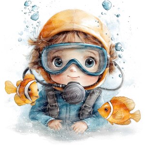 Scuba Diver Kid Clip Art, 12x Underwater Adventure Watercolor Clipart ...