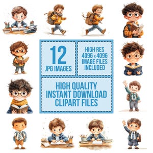 12 School Boy Clipart, Watercolor Studying Child, Cute Classroom Art ...