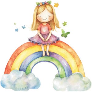 Watercolor Girl on Rainbow PNG Clip Art, 12x Colorful Kids ...