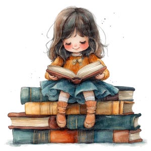 12x Child Reading Clipart, Watercolor Vintage School Reading Boy Girl ...