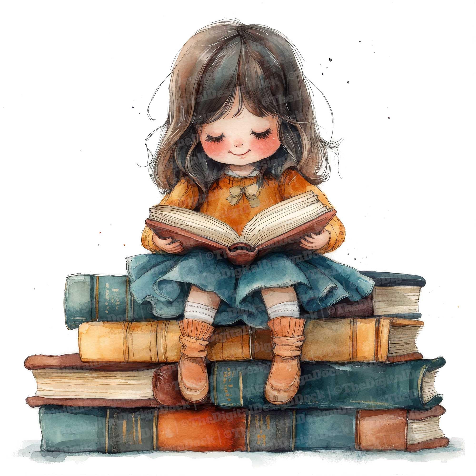 12x Child Reading Clipart, Watercolor Vintage School Reading Boy Girl ...