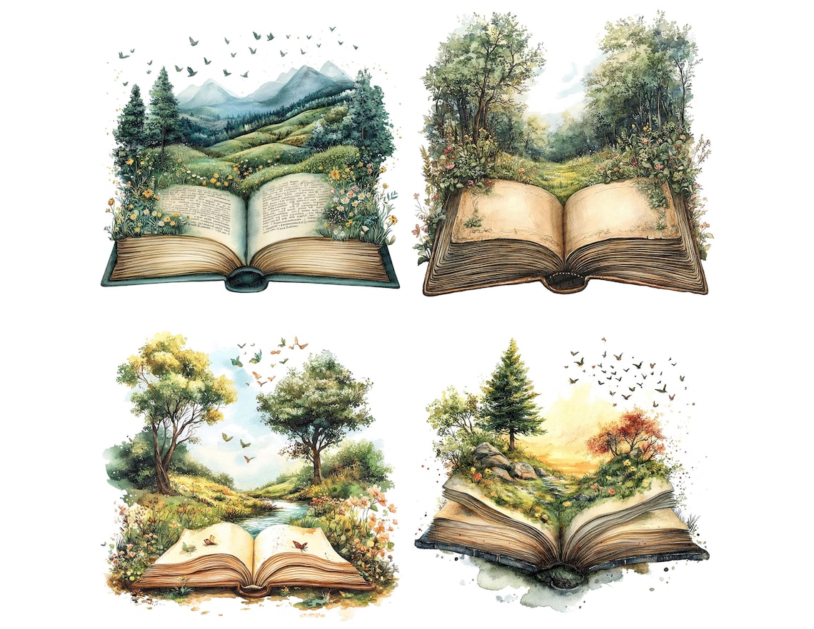 Enchanted Storybook PNG Clipart, 12x Watercolor Open Book Landscape ...
