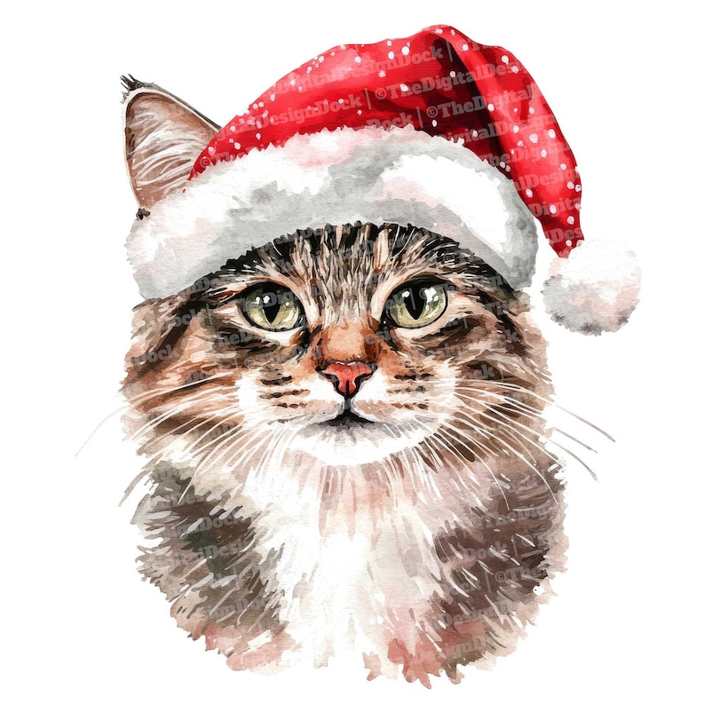 Christmas Cat Clip Art, 12x Santa Cat Watercolor Clipart Set, Printable ...