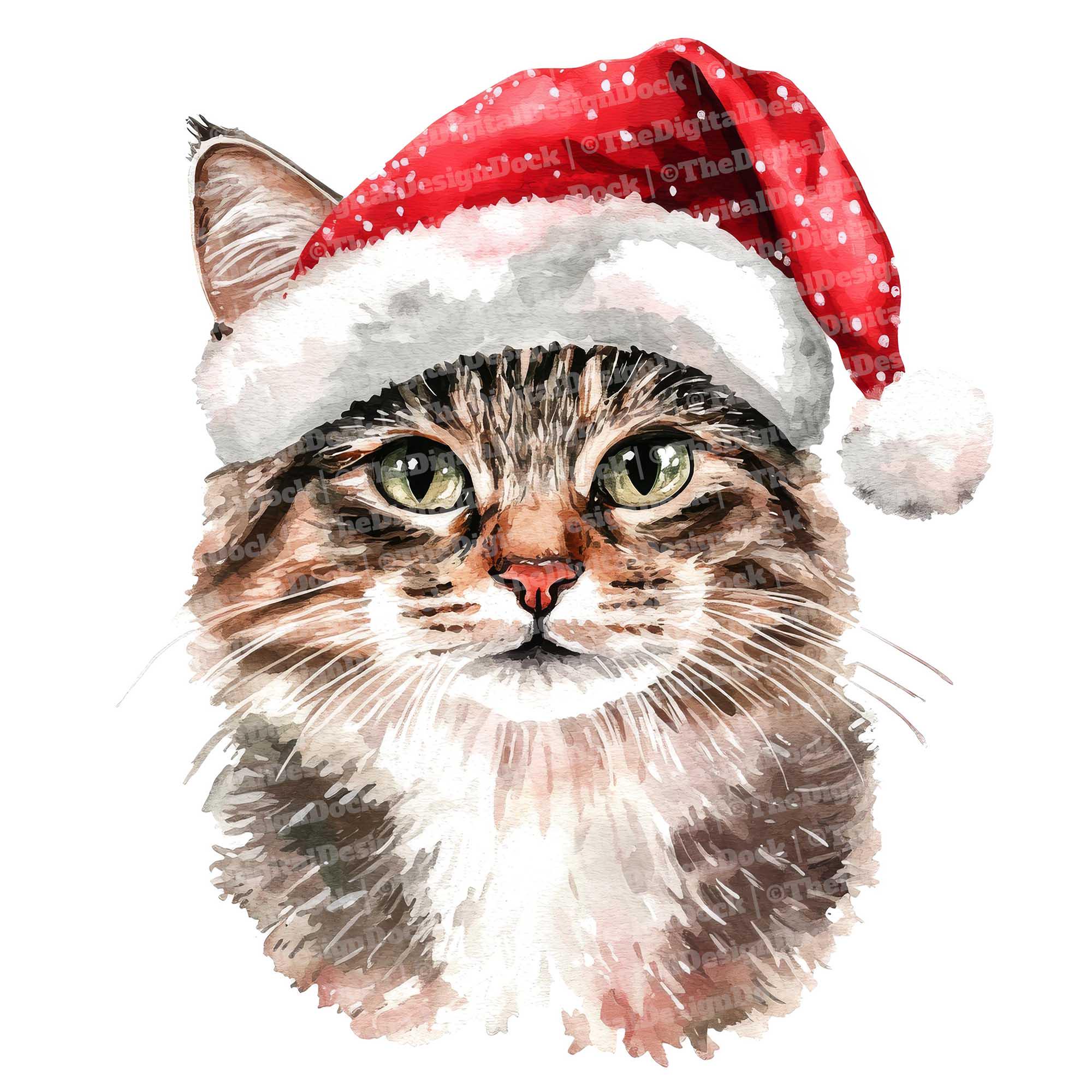 Christmas Cat Clip Art, 12x Santa Cat Watercolor Clipart Set, Printable ...