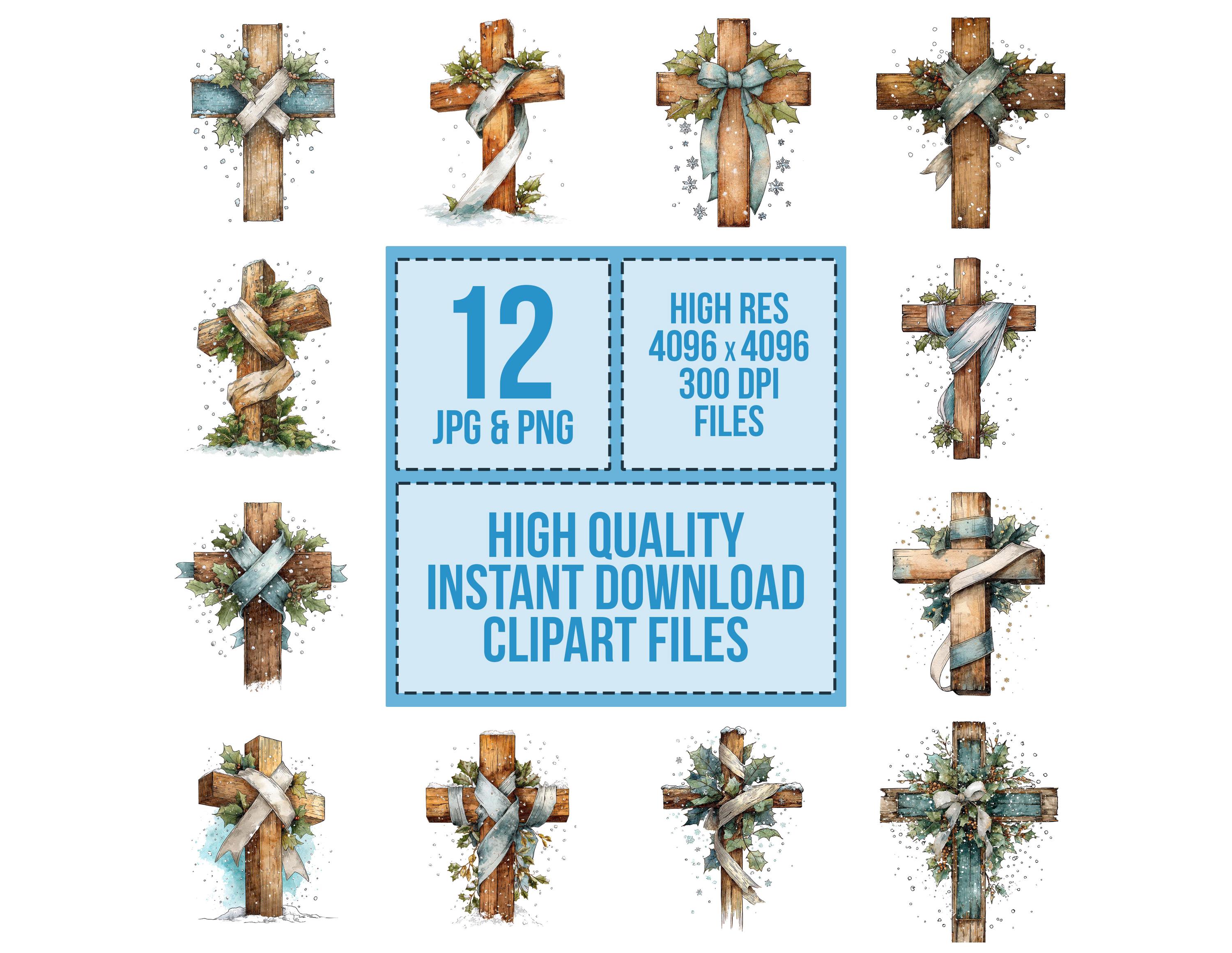 Wooden Cross PNG Clipart, 12x Holly and Snowflake Christmas Cross Clip ...