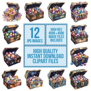 Treasure Chest Clip Art, 12x Gemstone Treasure Clipart Set, Watercolor ...