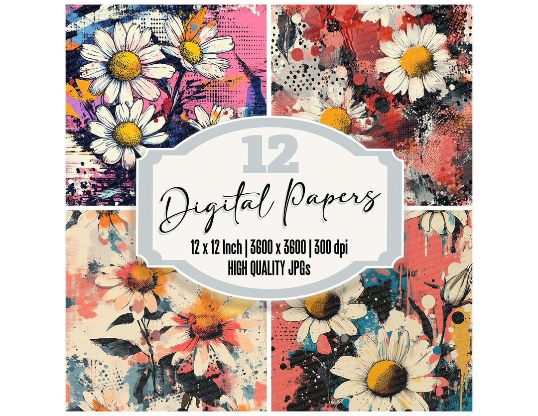 12x Warped Halftone Florals Junk Journal Paper Bold Retro Digital Paper ...