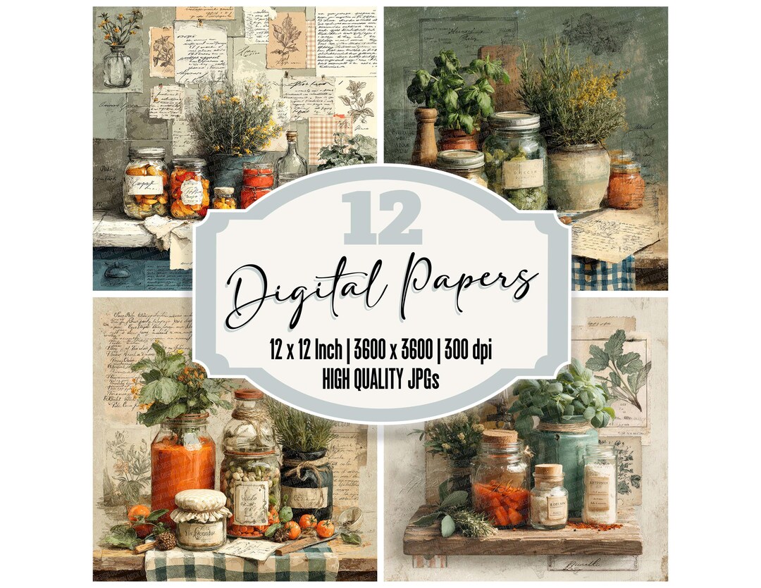 Vintage Kitchen Recipe Digital Paper Pack 12x Recipe Jars Herbs Cooking ...
