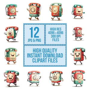 12x Retro Telephone Clipart, Vintage Phone Character Art Set, Printable ...