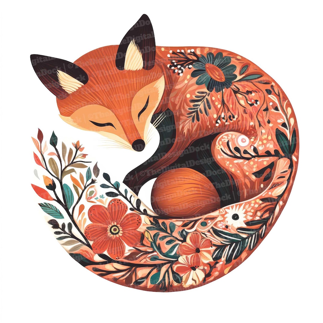 Folk Art Fox Clip Art, 12x Floral Fox Clipart Set, Watercolor Animal ...