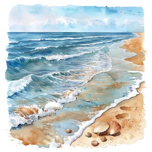 12 Beach Scene Clipart, Watercolor Ocean Waves Clipart, Printable ...