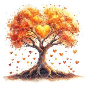 12 Heart Tree Clipart, Watercolor Autumn Tree With Falling Hearts ...