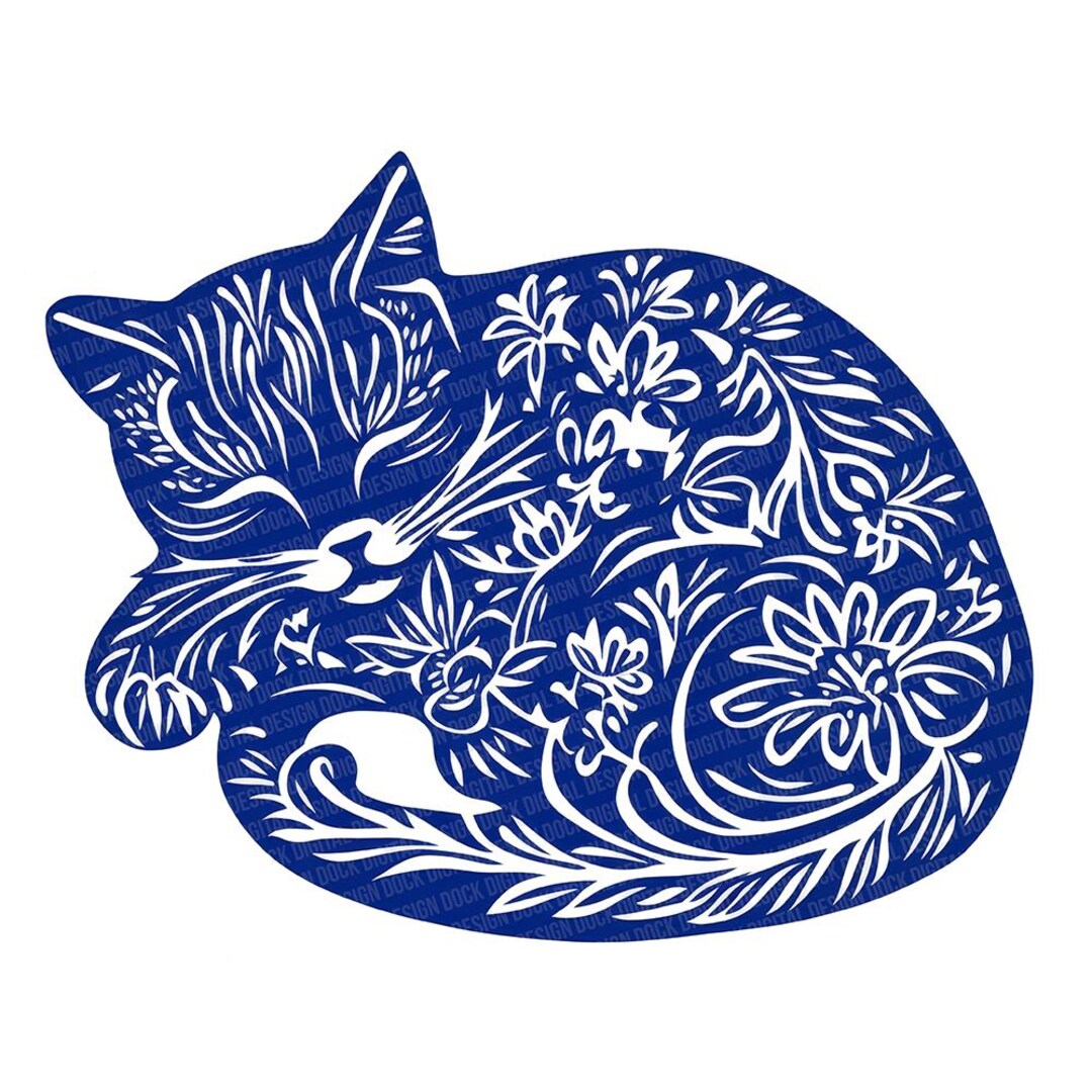 Delft Blue Cat Clipart, 12x Floral Patterned Cat PNG Set, Decorative ...
