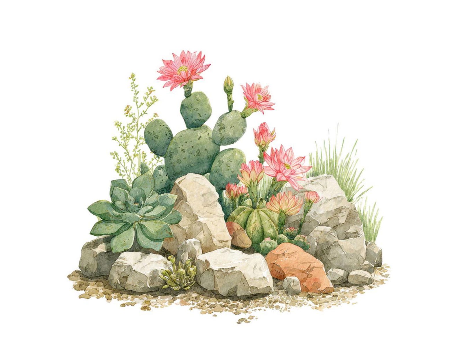 Cactus and Desert Flower Rockery PNG Art, 12x Southwestern Succulent ...