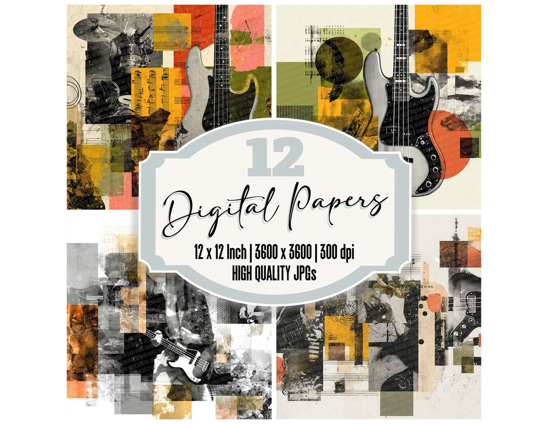 12 Funk Music Collage Digital Paper Bass Guitar Junk Journal Paper Pack ...