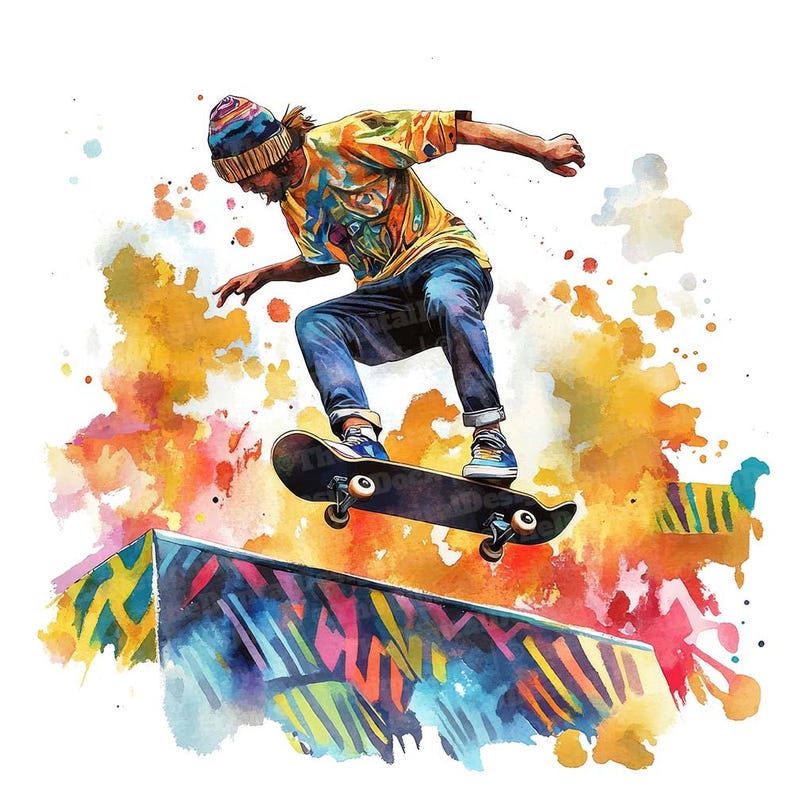 Skateboarder Clip Art, 12x Watercolor Skateboarding Clipart Set ...
