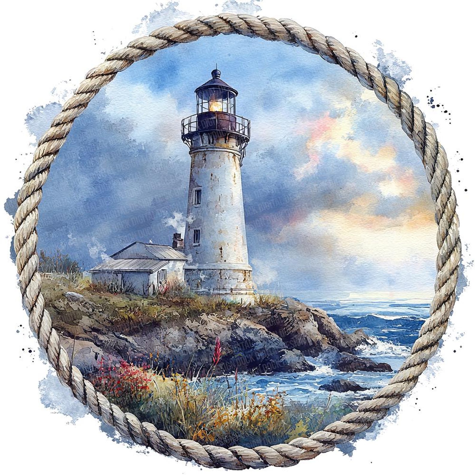 12 Nautical Lighthouse PNG Clipart, Rope Frame Coastal Watercolor Clip ...