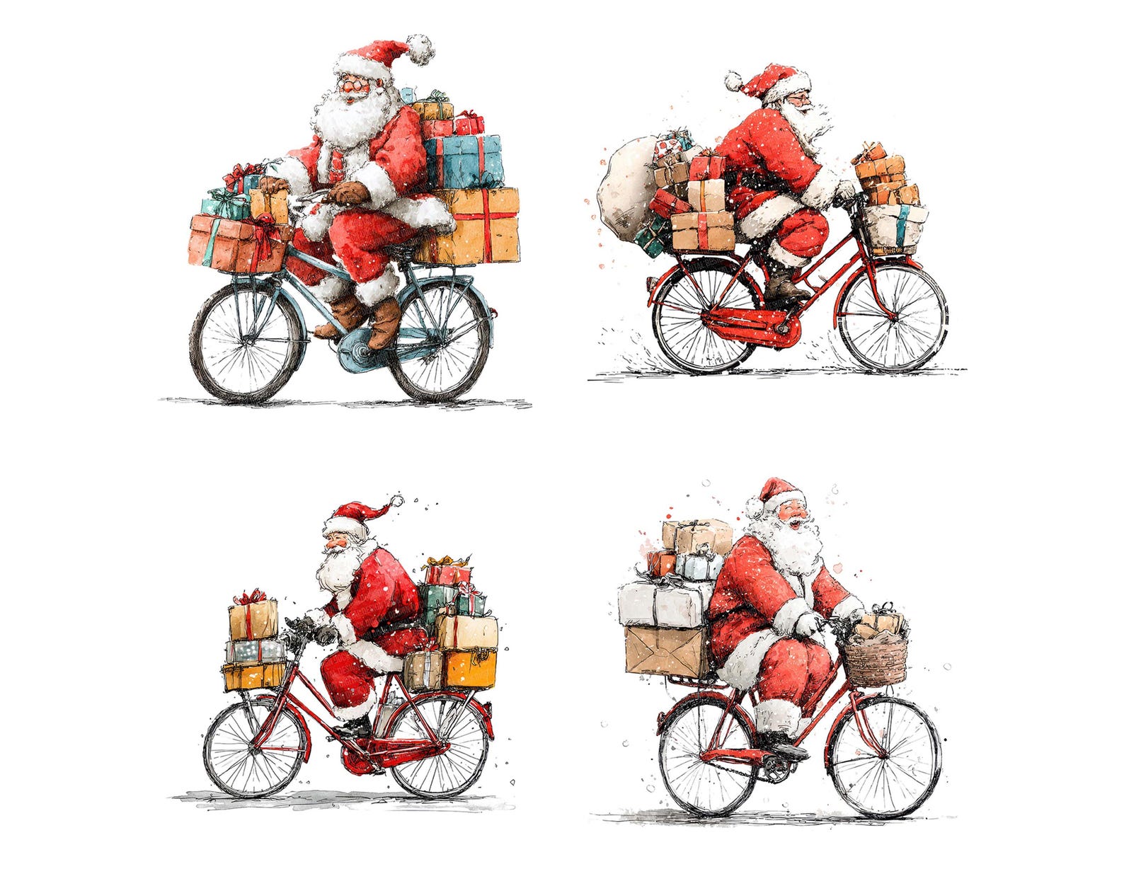 12x Santa on Bicycle PNG Clipart, Watercolor Christmas Clip Art With ...
