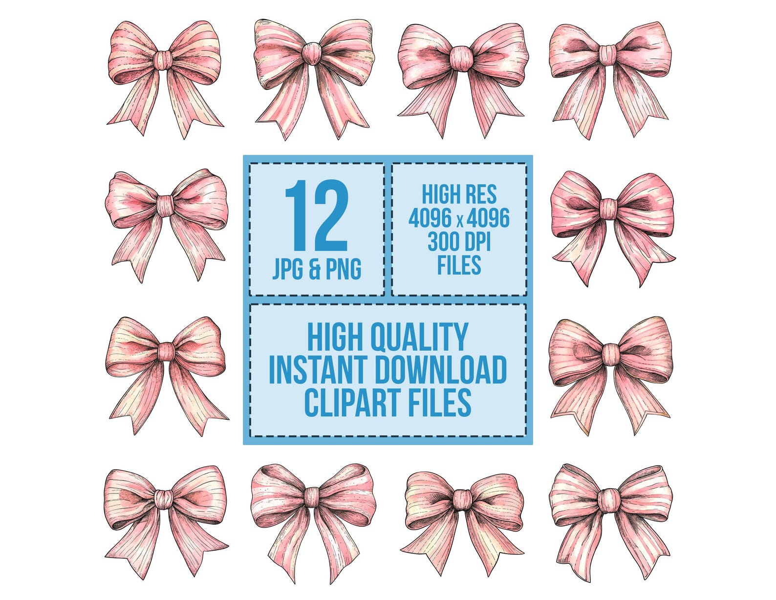Pink Bow PNG Clipart, 12x Watercolor Ribbon Clip Art Set, Printable ...