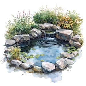 12x Watercolor Pond Clipart, Garden Pond Art, Printable Clipart, High ...