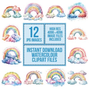 12 Rainbow and Clouds Clipart, Cute Watercolor Clipart, Printable ...
