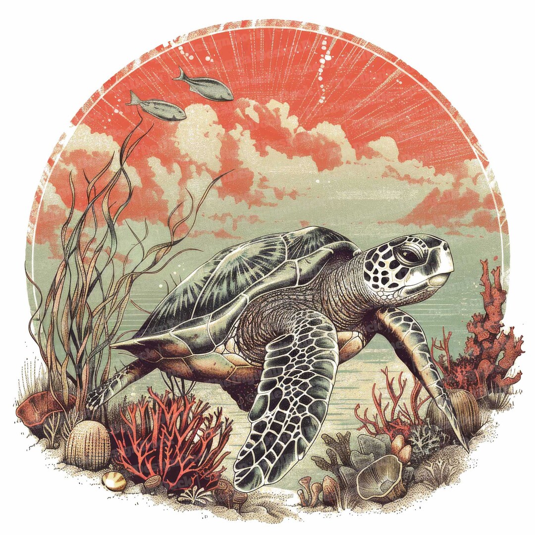 12x Vintage Sea Turtle Clipart, Floral Sea Clipart, Printable ...