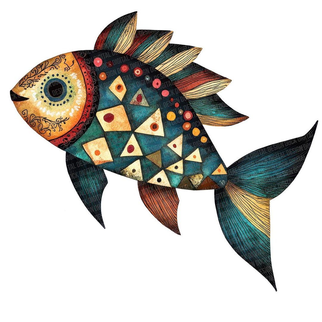 Folk Art Fish PNG Clip Art, 12x Patterned Fish Clipart Set, Printable ...